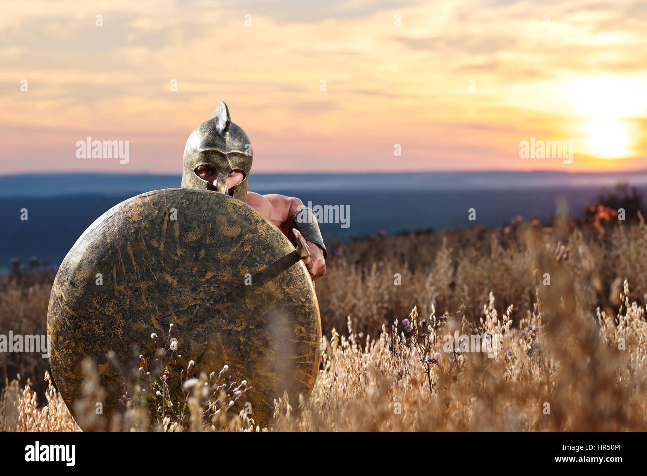 Ancient Greek soldier holding a sword hiding behind his shield on the ...