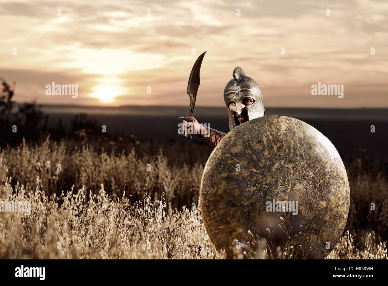 Sepia toned shot of a brave fearless Spartan warrior in a battledress ...