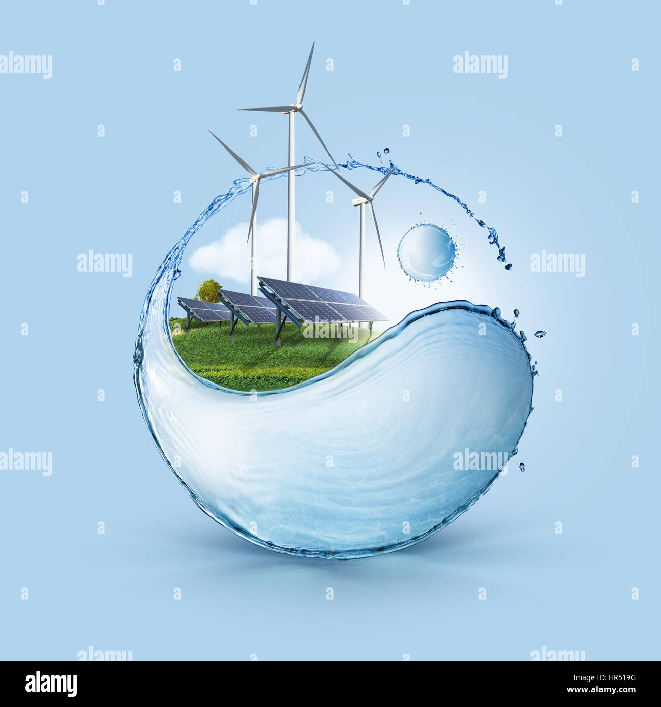 Windmill and solar panels on the field in yin yang shape water splash ...