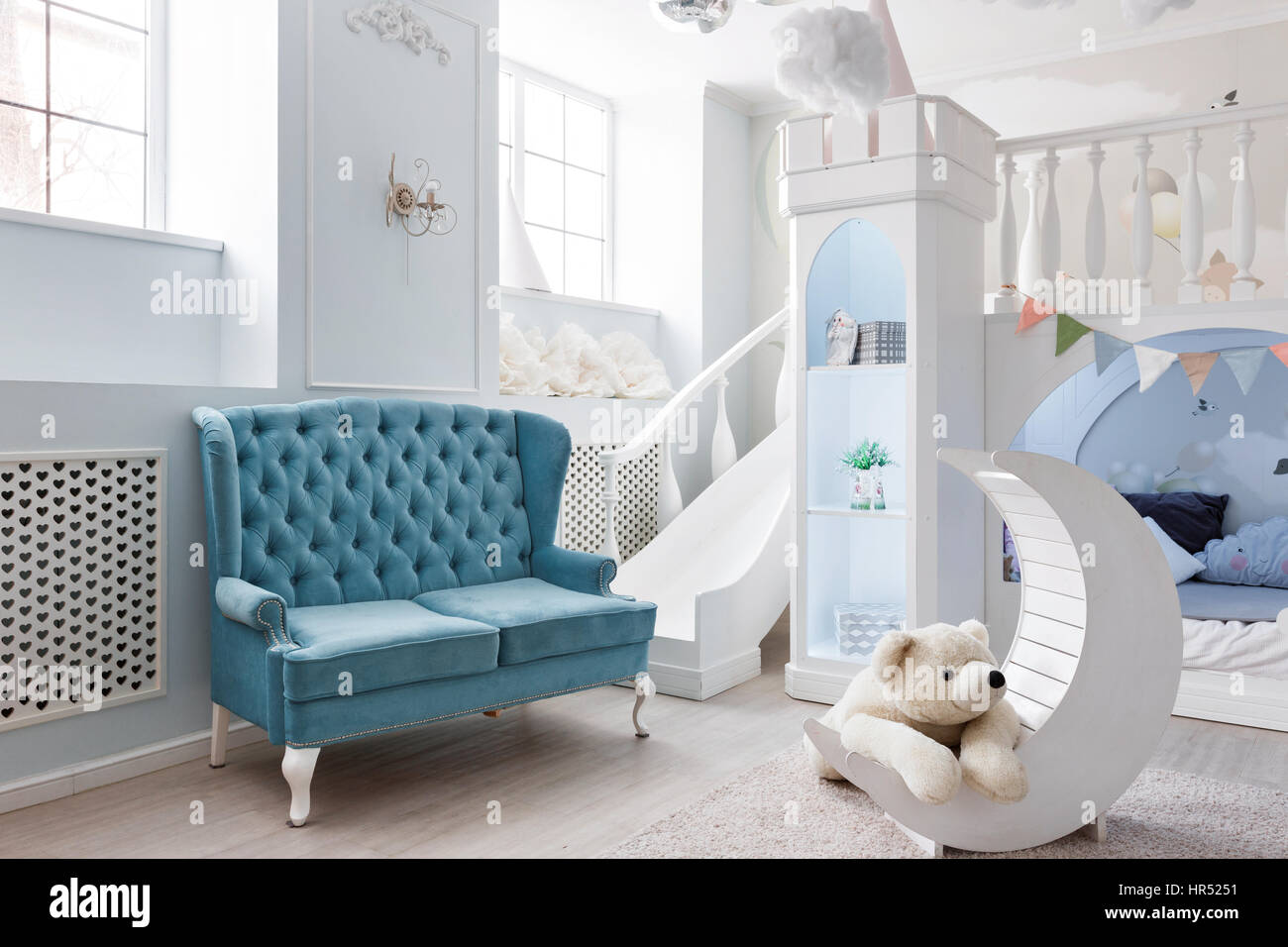 Shot of a spacious blue children's room. decorative castle game Stock ...