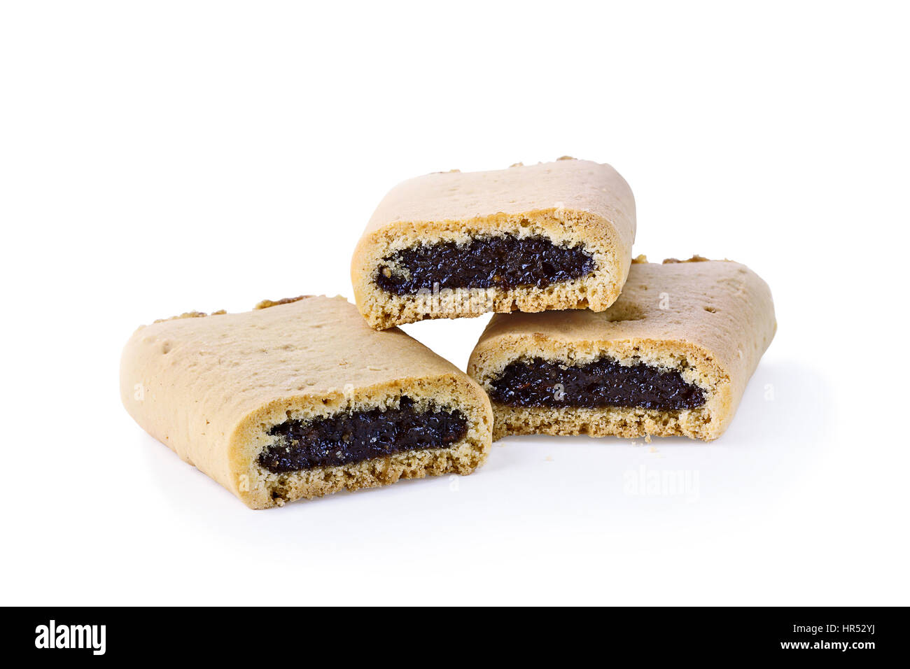 Three fig cookies with shadow isolated over a white background with ...