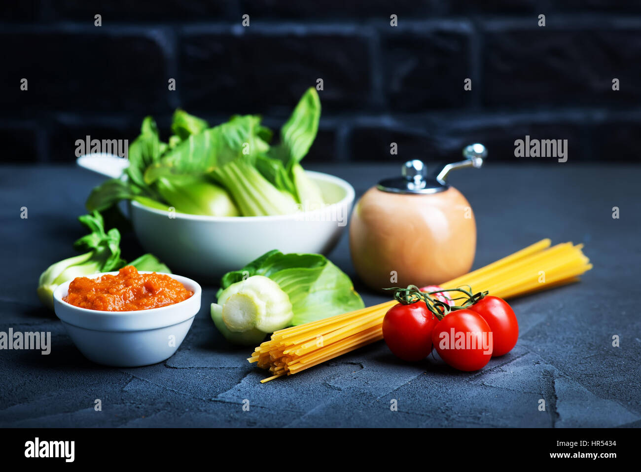 food ingredients for dinner on a table Stock Photo - Alamy