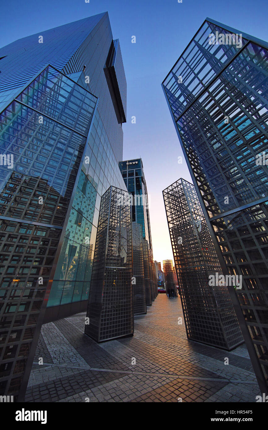 Tall modern buildings and office blocks at dusk in the Gangnam district ...