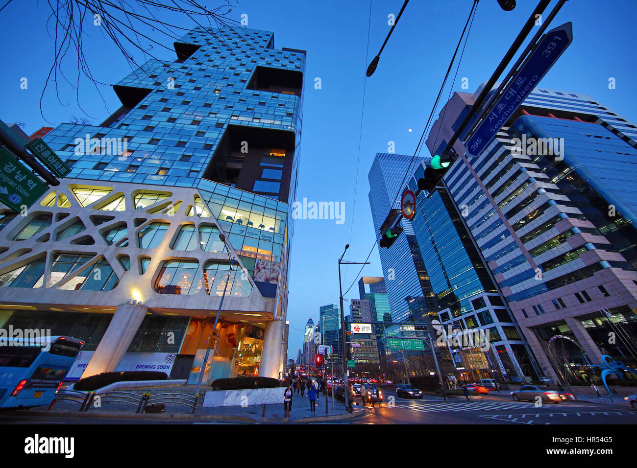 Tall modern buildings and office blocks at dusk in the Gangnam district ...