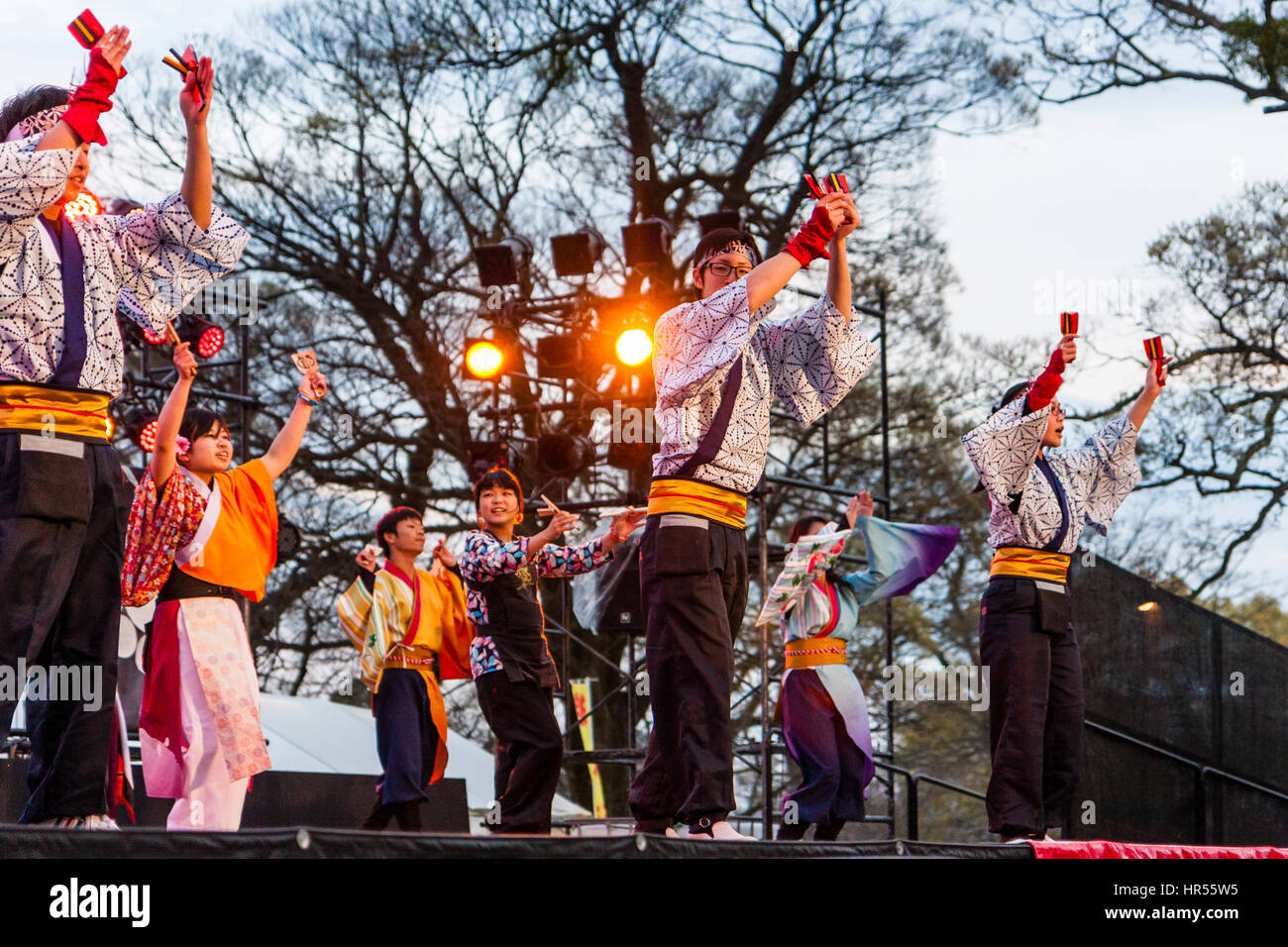 Yosakoi dance festival, Japan. Men and women dancing on stage in ...