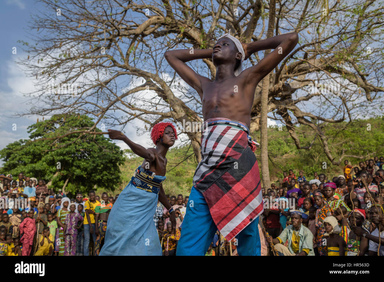 A Fulani boy hits his opponent with a whip made out of a branch. The ...