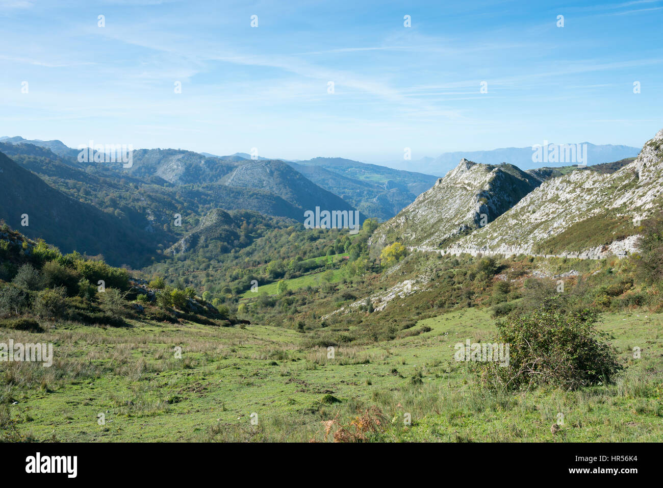 A landscape view of limestone hills and mountains in the Picos de ...
