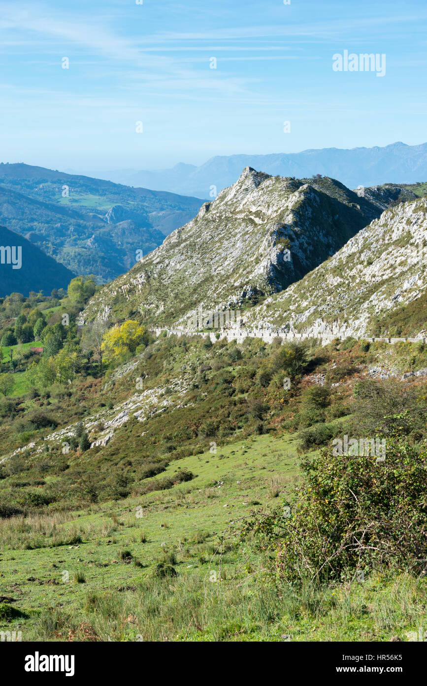 A landscape view of limestone hills and mountains in the Picos de ...