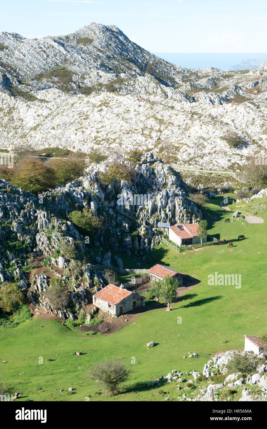 A landscape view of limestone hills and mountains in the Picos de ...