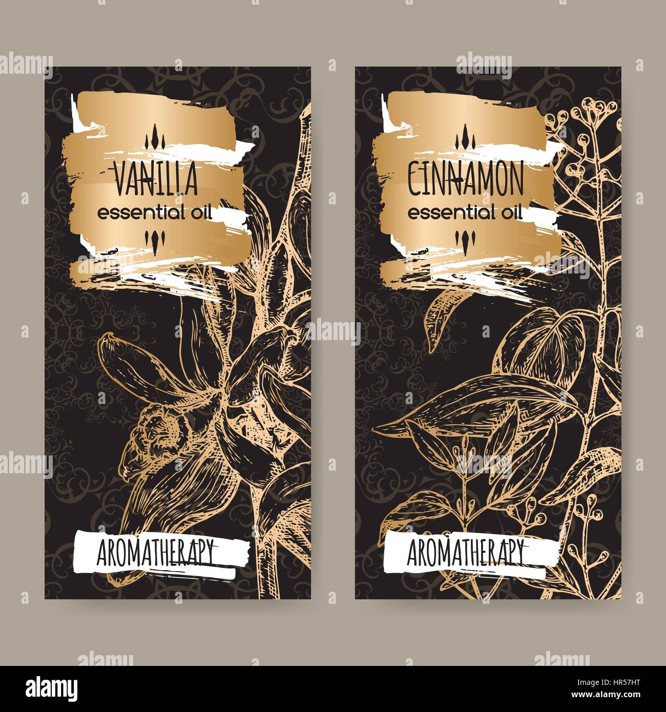 Two labels with vanilla and cinnamon sketch on black background Stock ...