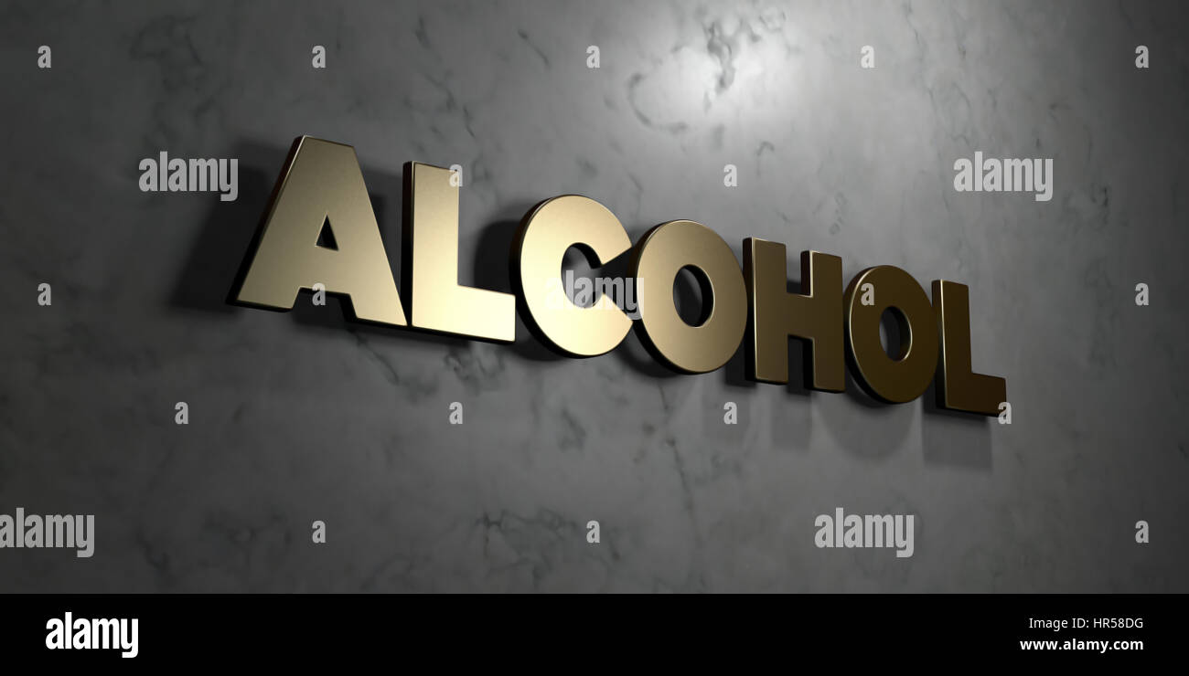 Alcohol - Gold sign mounted on glossy marble wall - 3D rendered royalty ...