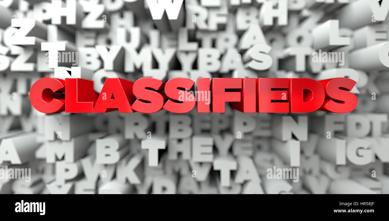 CLASSIFIEDS - Red text on typography background - 3D rendered royalty ...