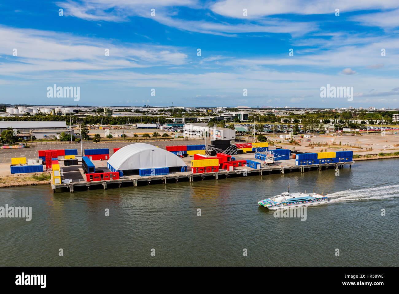 A River Ferry passes the Eat Street markets, Australia., built using ...