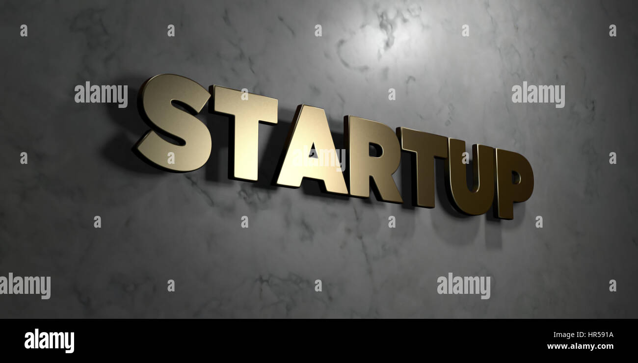 Startup - Gold sign mounted on glossy marble wall - 3D rendered royalty ...
