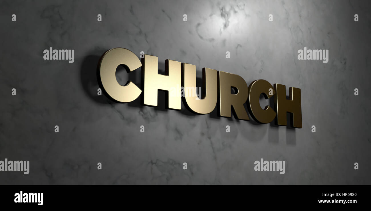 Church - Gold sign mounted on glossy marble wall - 3D rendered royalty ...