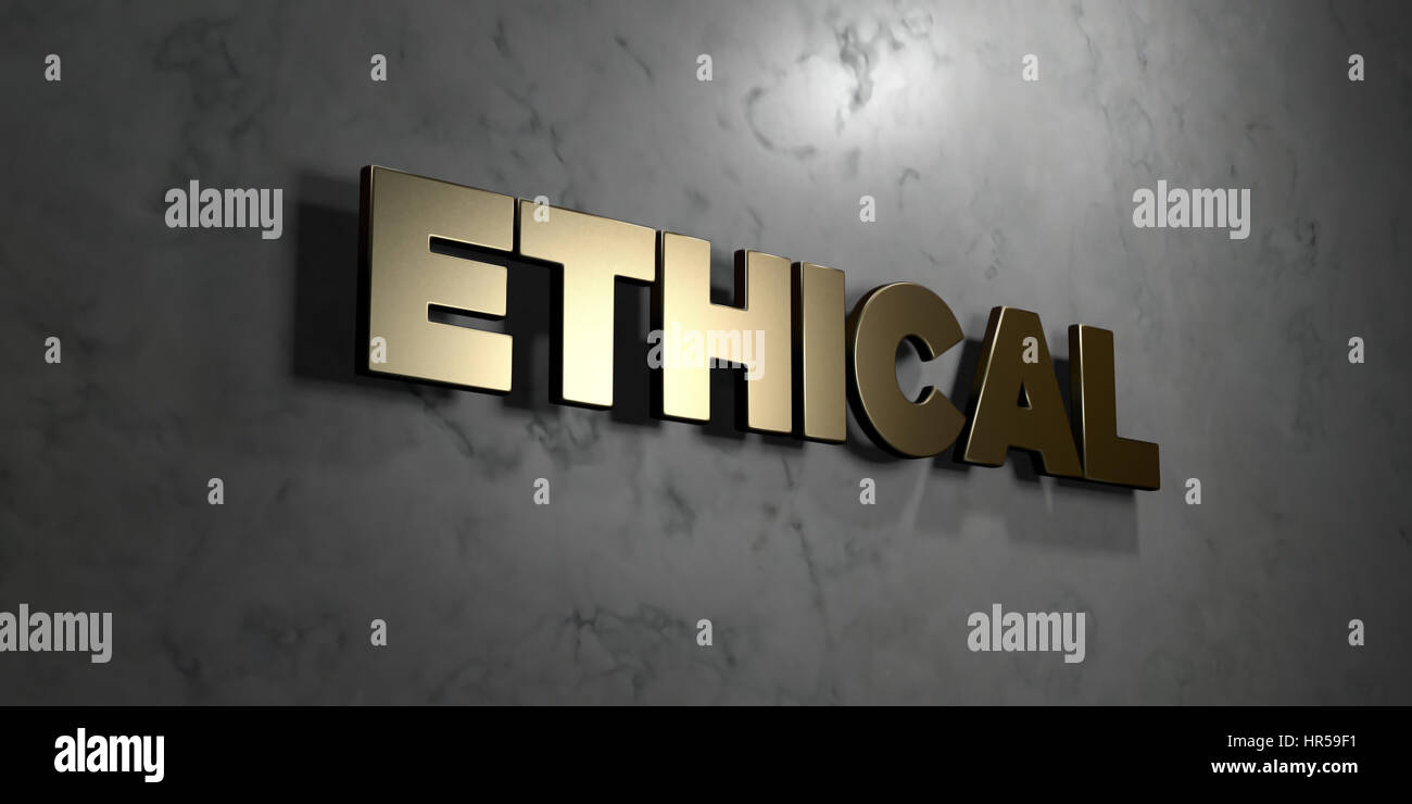 Ethical - Gold sign mounted on glossy marble wall - 3D rendered royalty ...