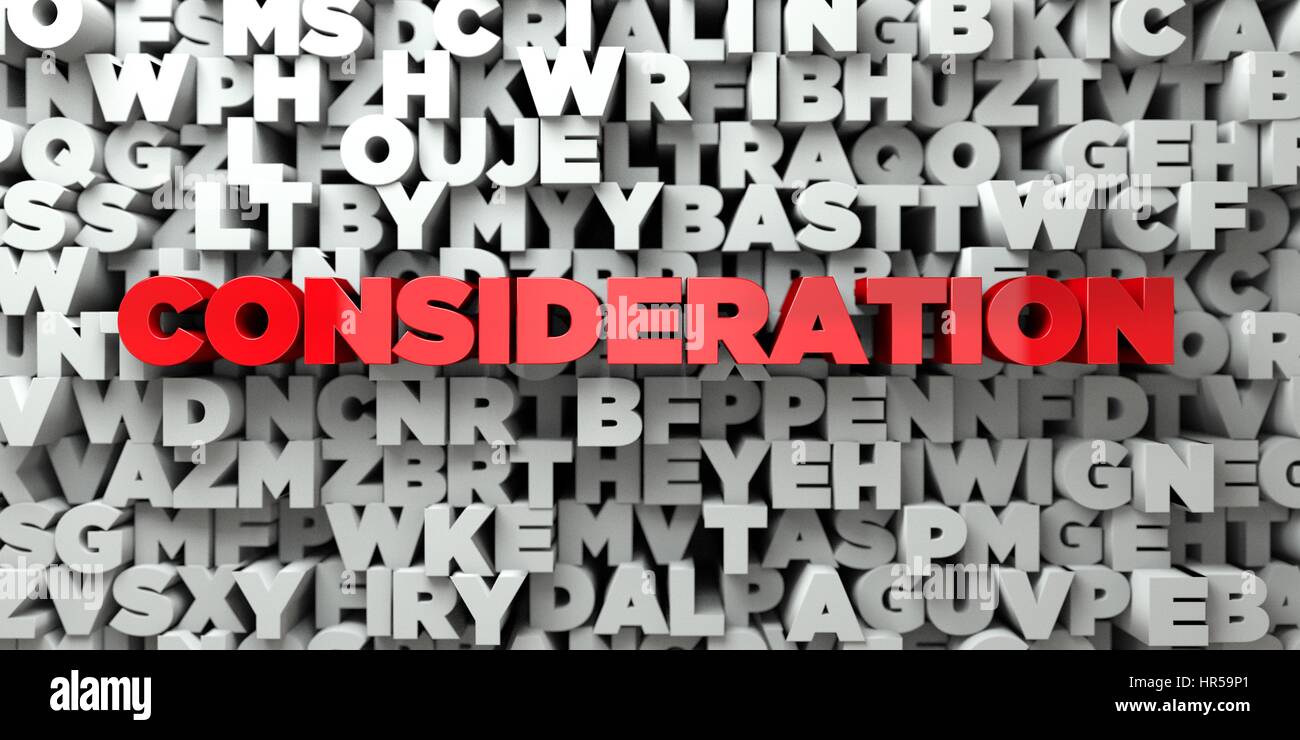 CONSIDERATION - Red text on typography background - 3D rendered royalty ...
