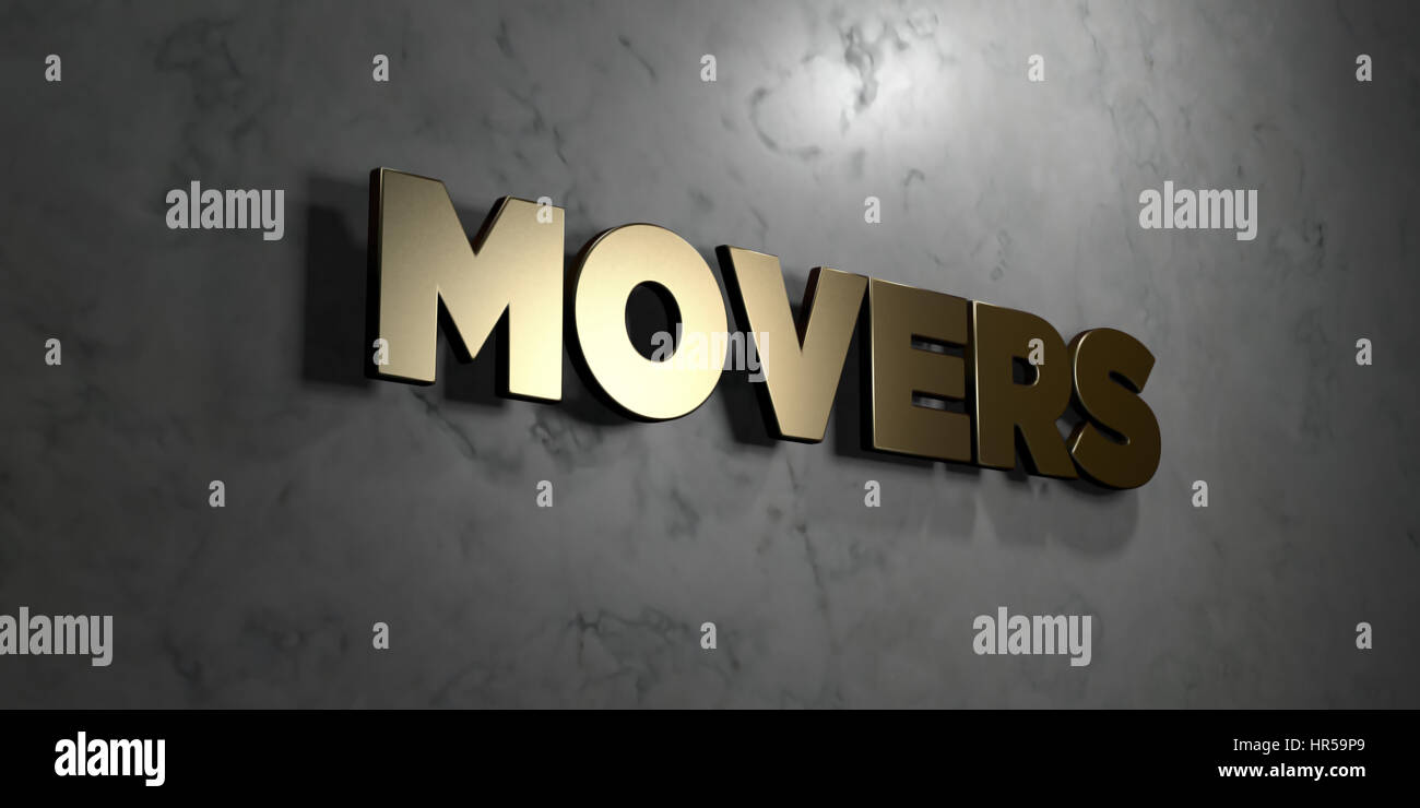 Movers - Gold sign mounted on glossy marble wall - 3D rendered royalty ...