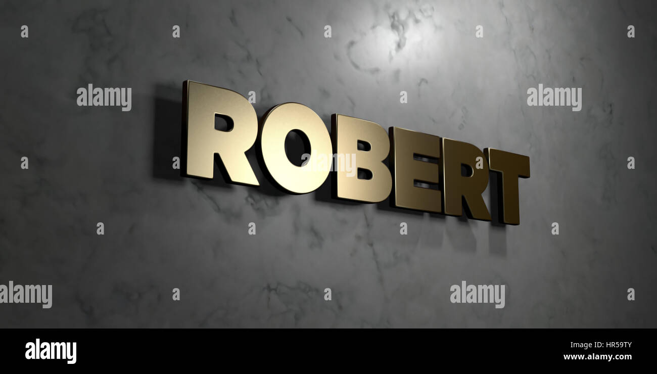 Robert - Gold sign mounted on glossy marble wall - 3D rendered royalty ...