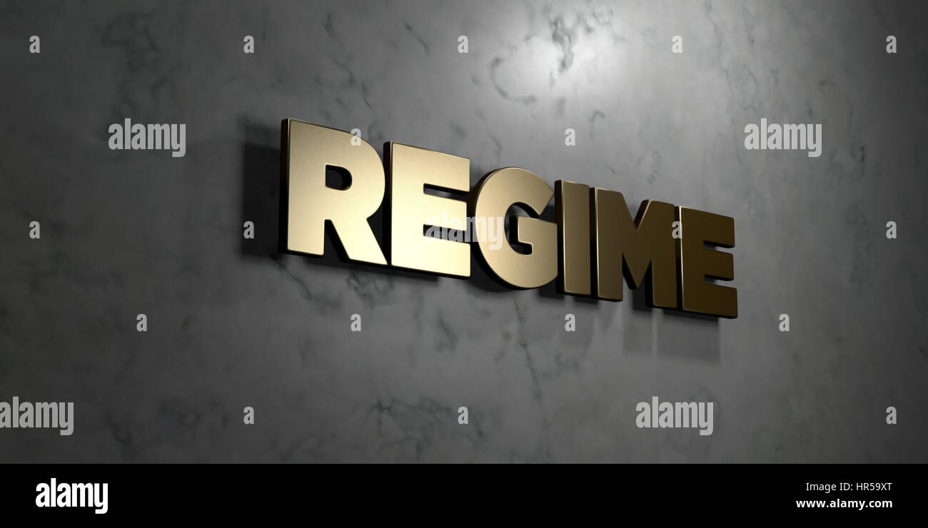 Regime - Gold sign mounted on glossy marble wall - 3D rendered royalty ...