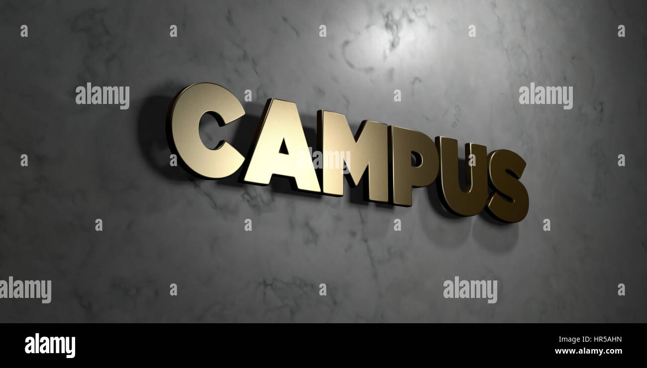 Campus - Gold sign mounted on glossy marble wall - 3D rendered royalty ...