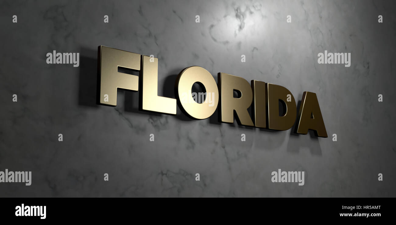 Florida - Gold sign mounted on glossy marble wall - 3D rendered royalty ...