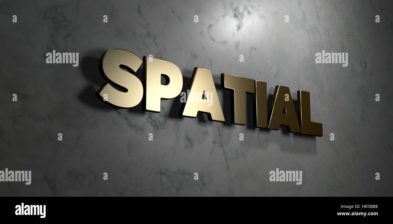 Spatial - Gold sign mounted on glossy marble wall - 3D rendered royalty ...