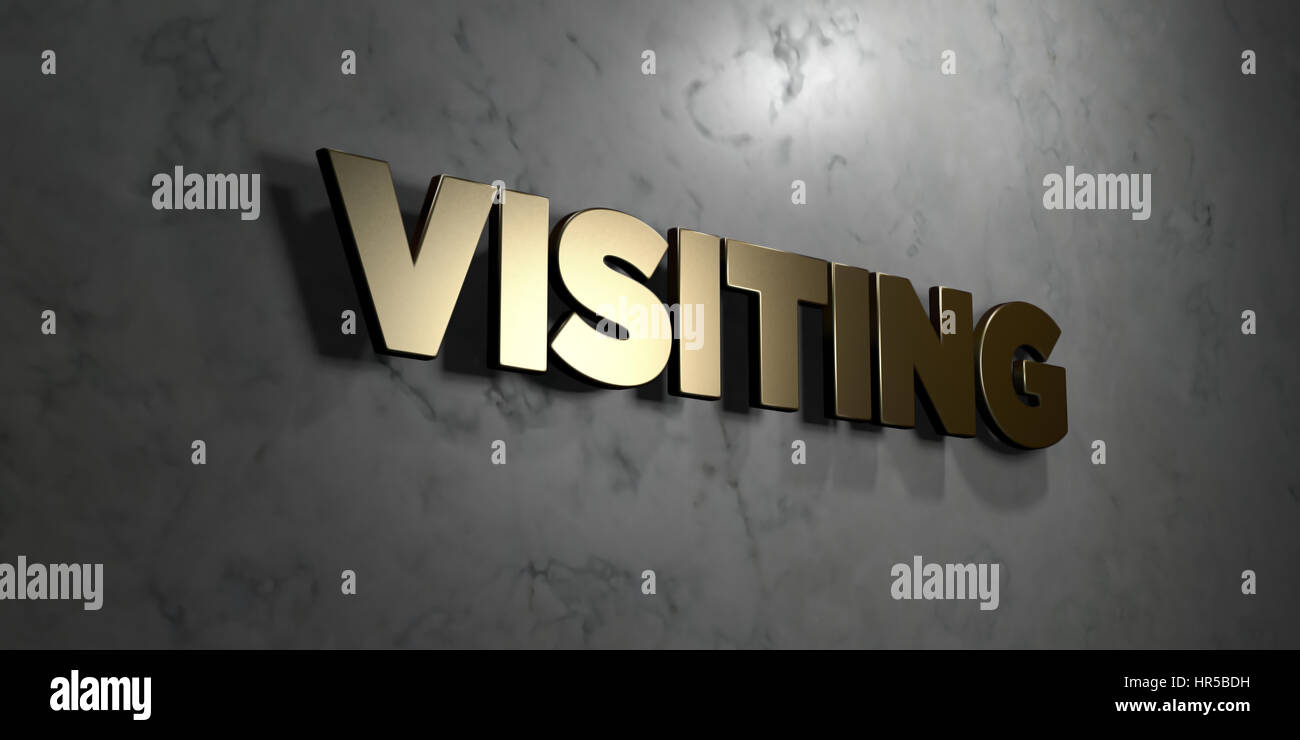 Visiting - Gold sign mounted on glossy marble wall - 3D rendered ...