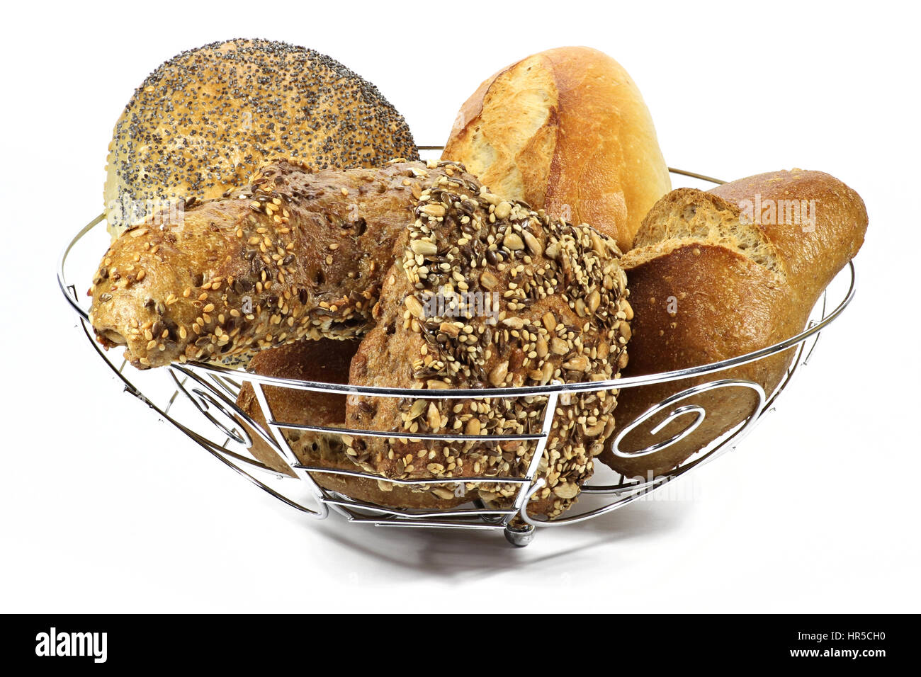 fresh bread rolls in basket isolated on white background Stock Photo ...