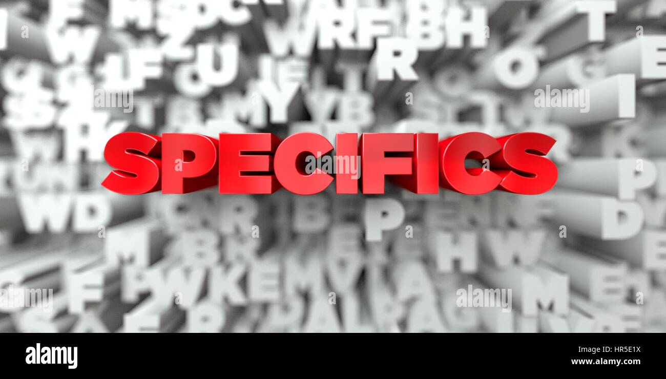 SPECIFICS - Red text on typography background - 3D rendered royalty ...