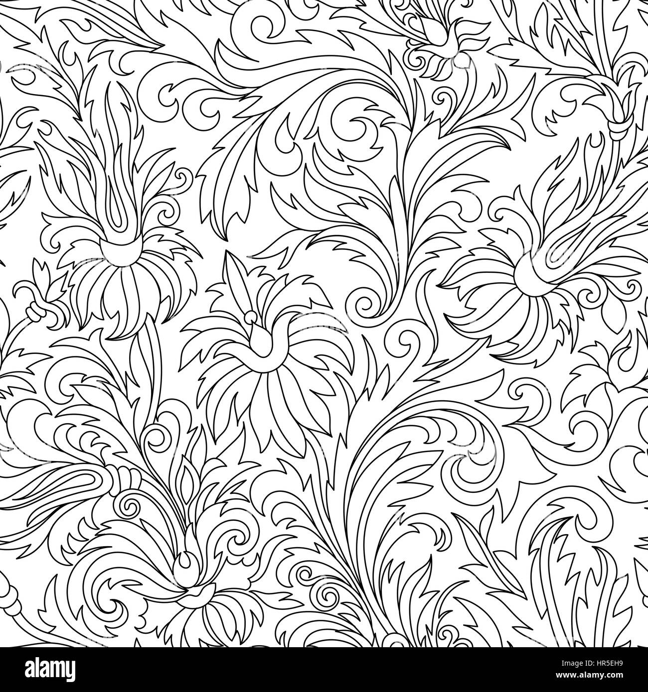 Vector Seamless Monochrome Floral Pattern. Coloring Book Stock Vector ...