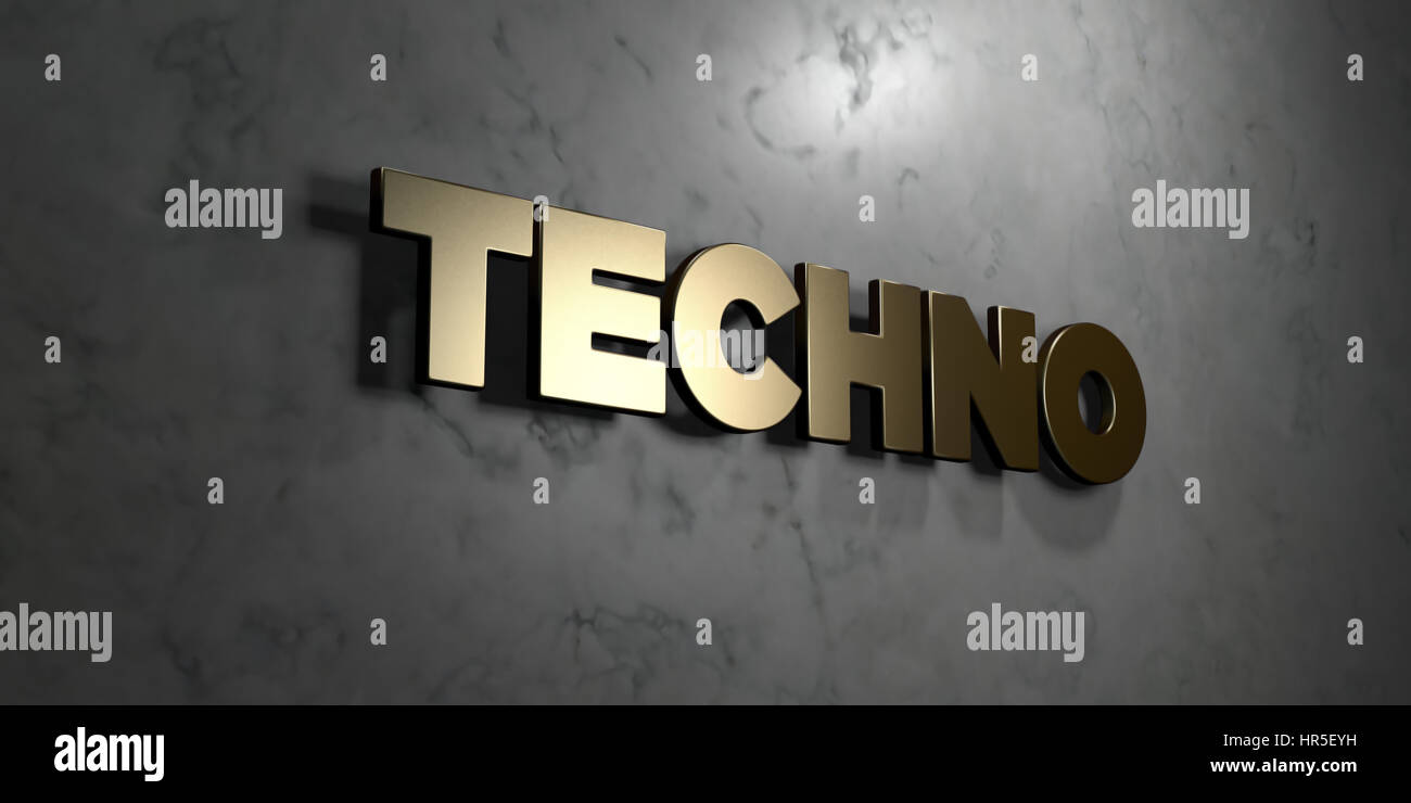 Techno - Gold sign mounted on glossy marble wall - 3D rendered royalty ...