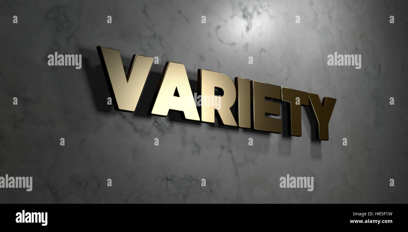 Variety - Gold sign mounted on glossy marble wall - 3D rendered royalty ...