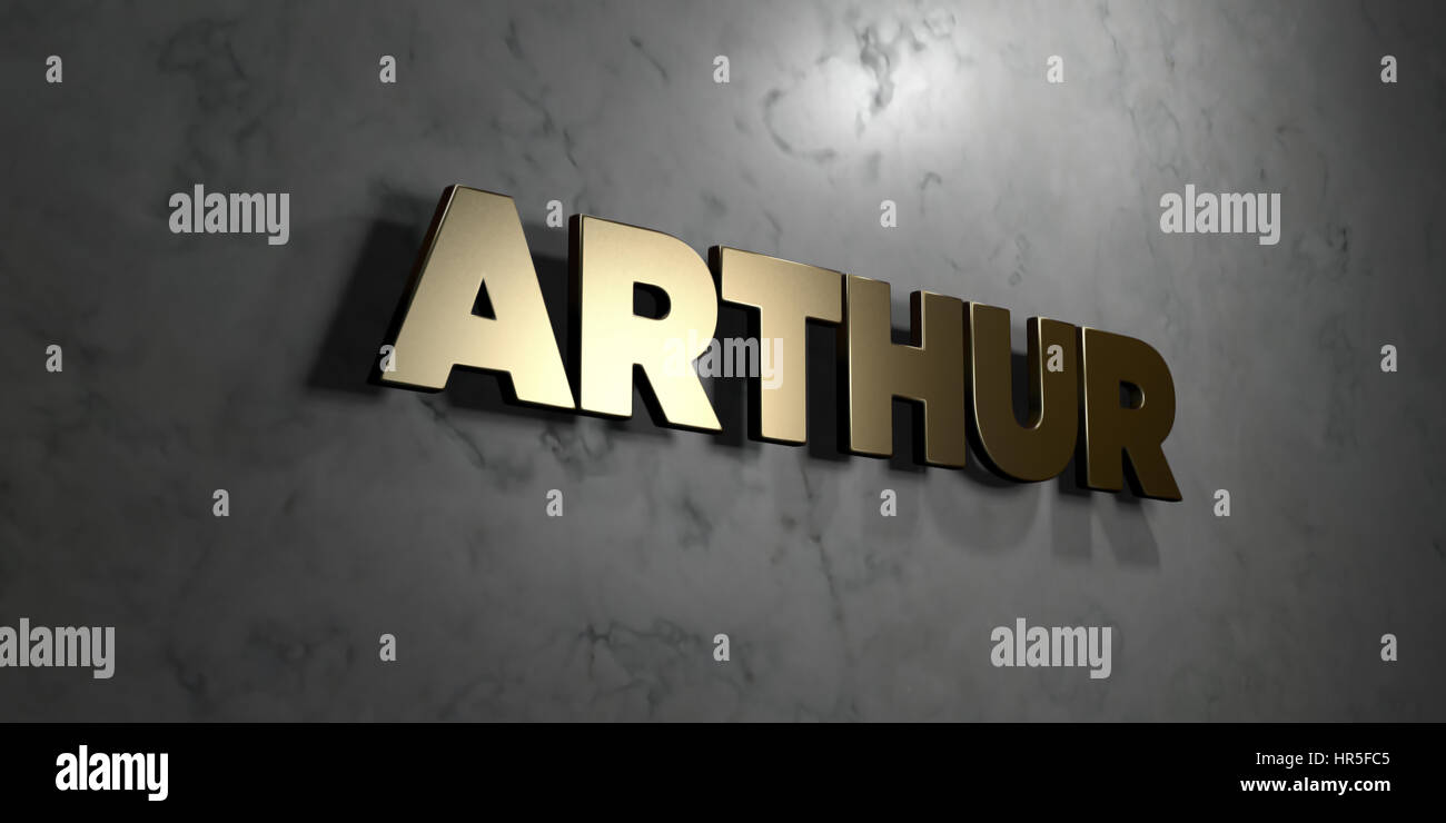 Arthur - Gold sign mounted on glossy marble wall - 3D rendered royalty ...