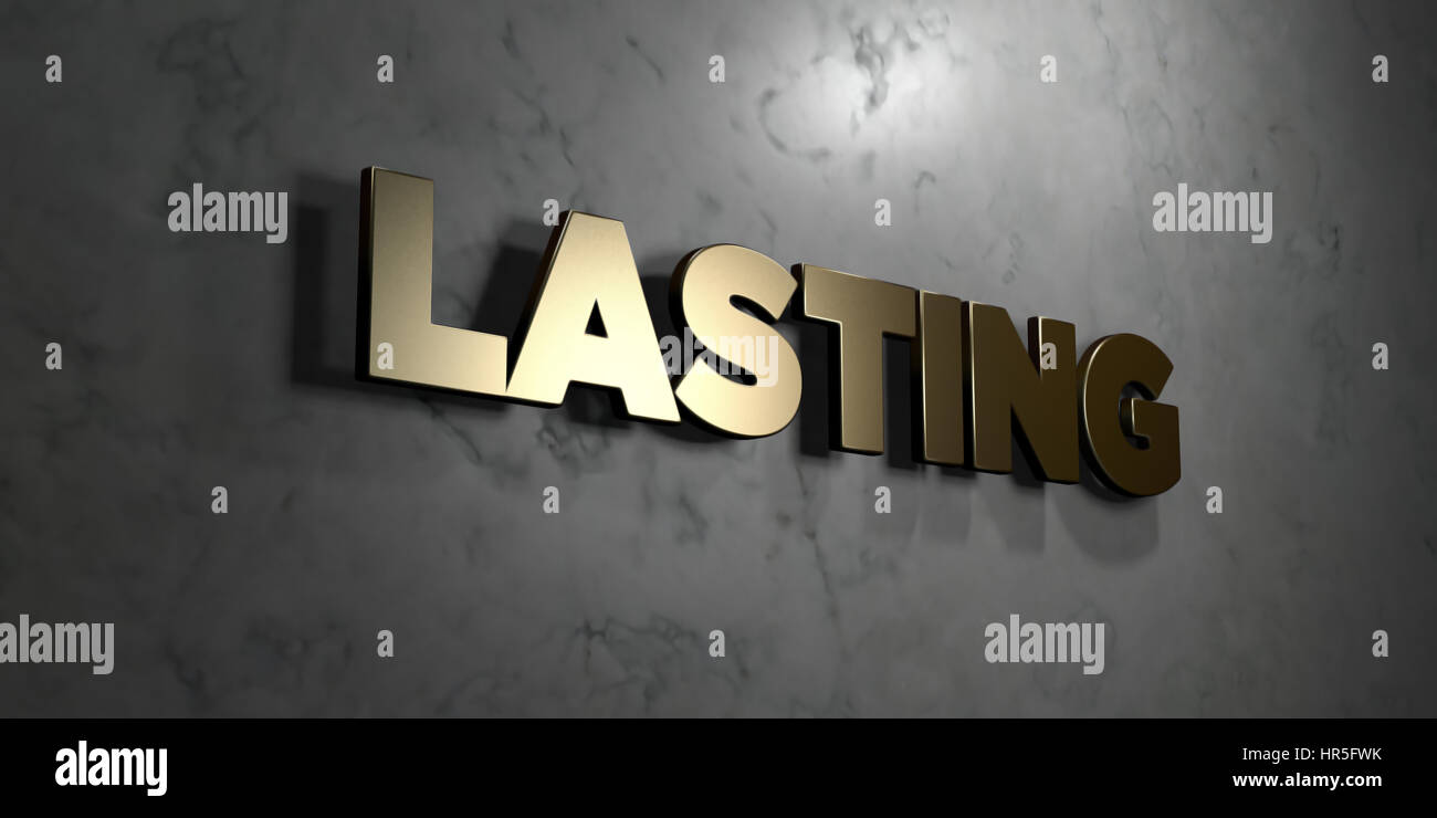 Lasting - Gold sign mounted on glossy marble wall - 3D rendered royalty ...