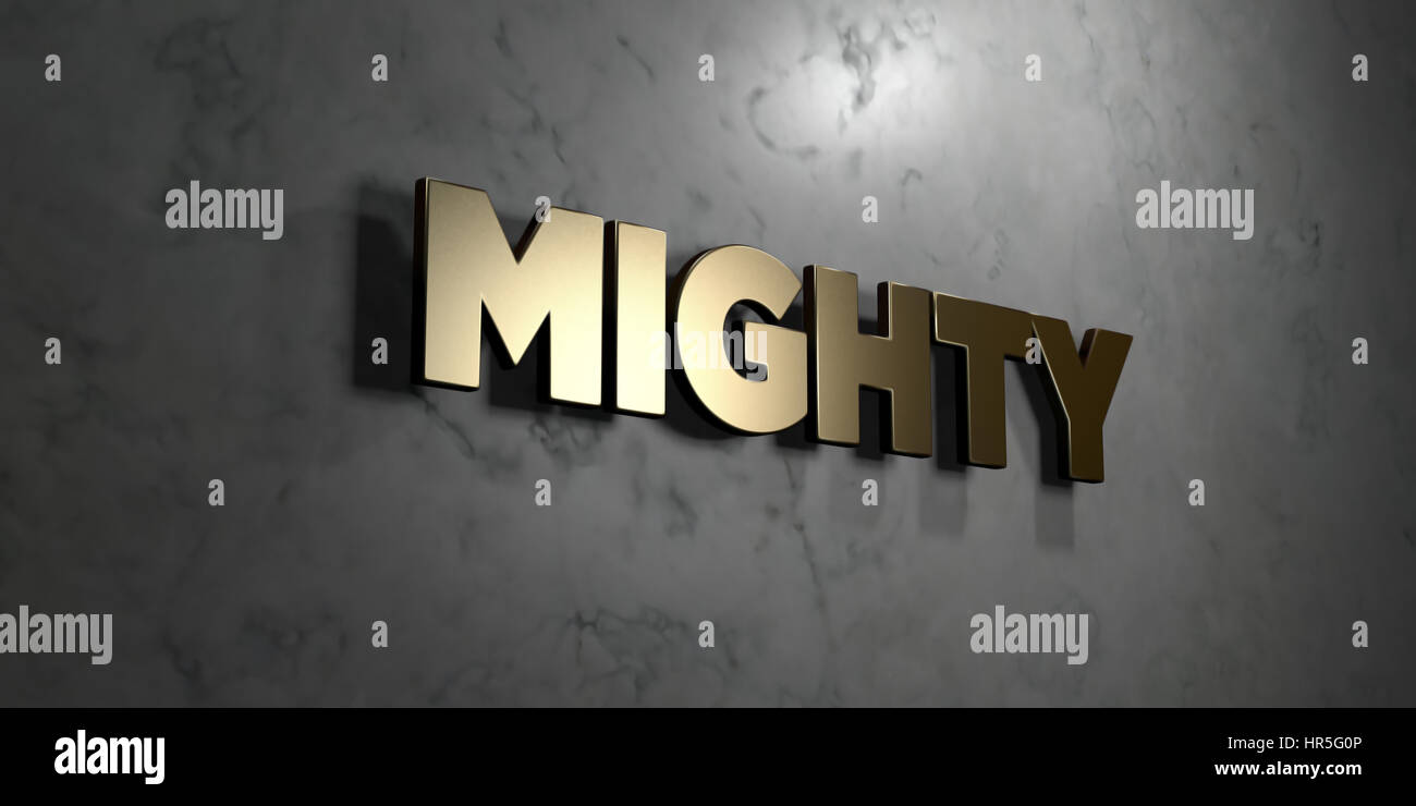 Mighty - Gold sign mounted on glossy marble wall - 3D rendered royalty ...
