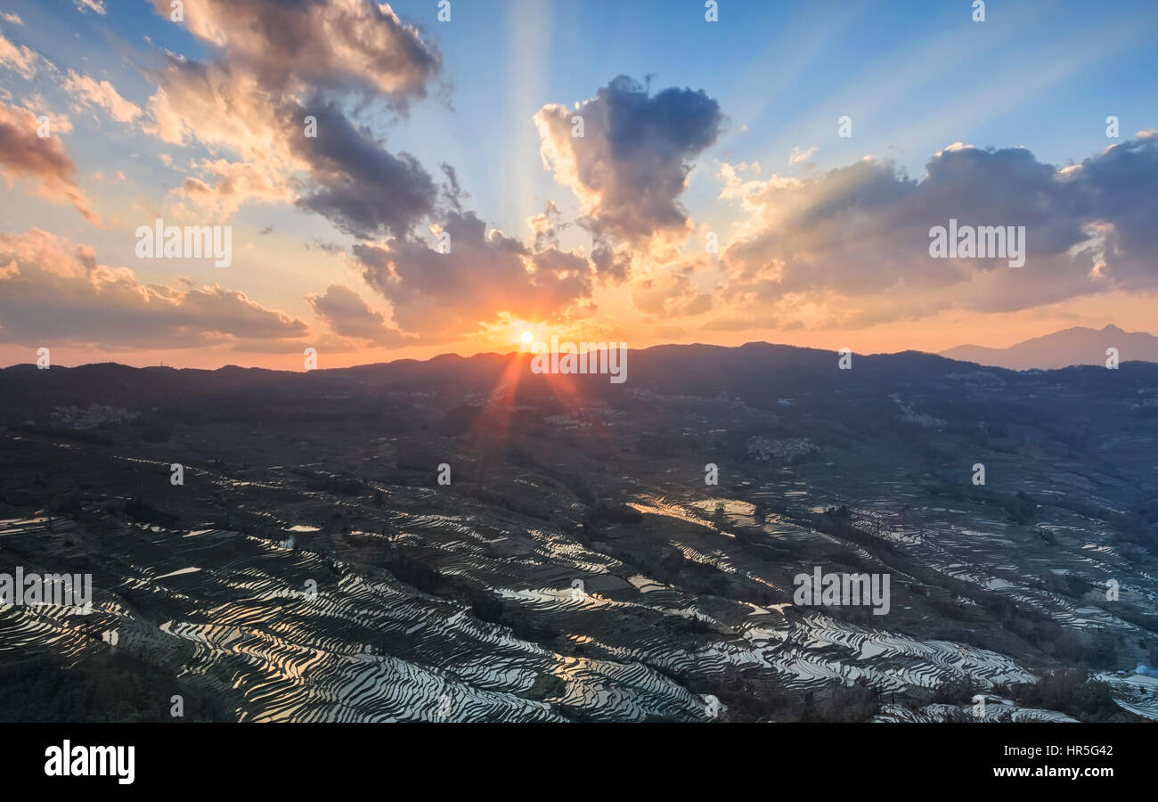 Sunset over YuanYang rice terraces in Yunnan, China, one of the latest ...