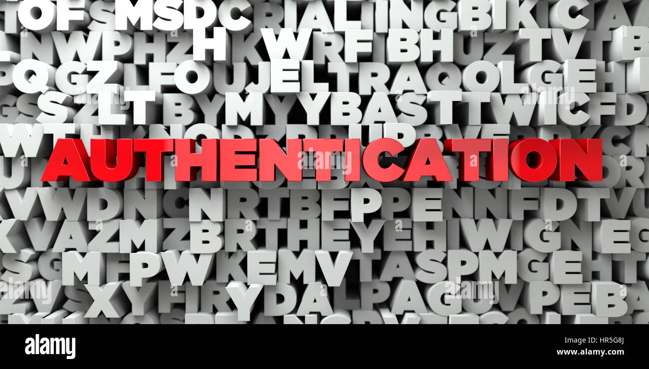AUTHENTICATION - Red text on typography background - 3D rendered ...