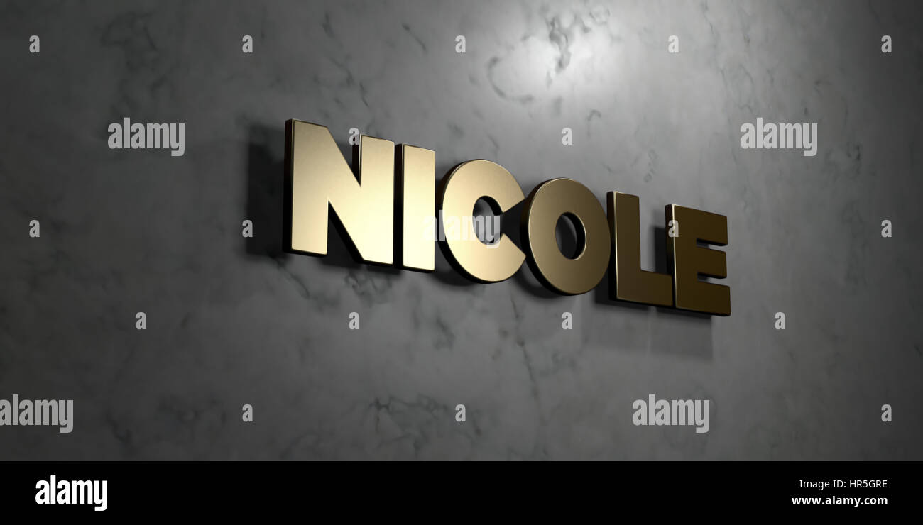 Nicole - Gold sign mounted on glossy marble wall - 3D rendered royalty ...