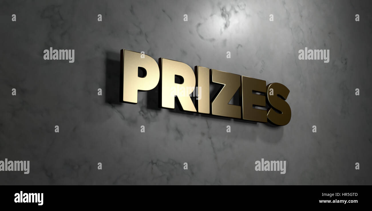 Prizes - Gold sign mounted on glossy marble wall - 3D rendered royalty ...
