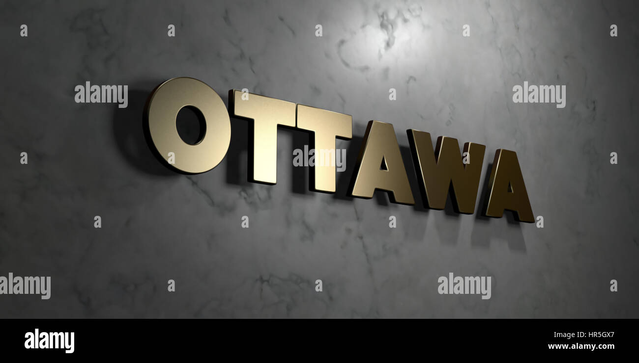 Ottawa - Gold sign mounted on glossy marble wall - 3D rendered royalty ...