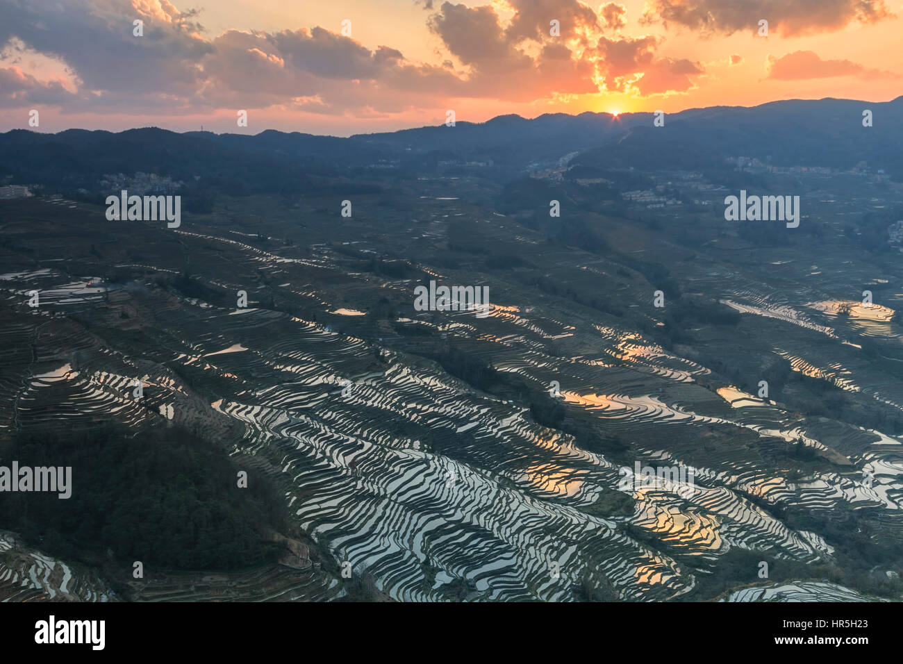 Sunset over YuanYang rice terraces in Yunnan, China, one of the latest ...
