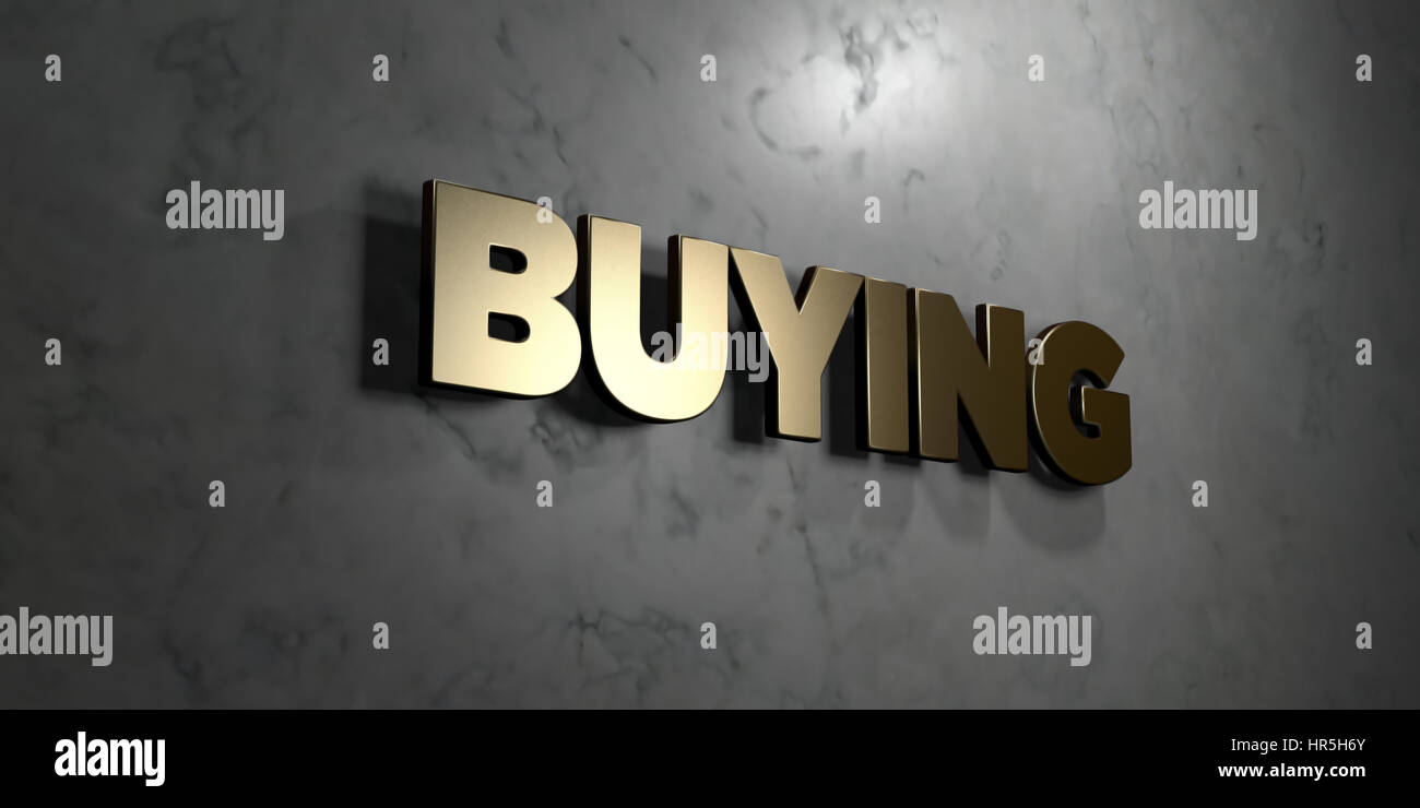 Buying - Gold sign mounted on glossy marble wall - 3D rendered royalty ...