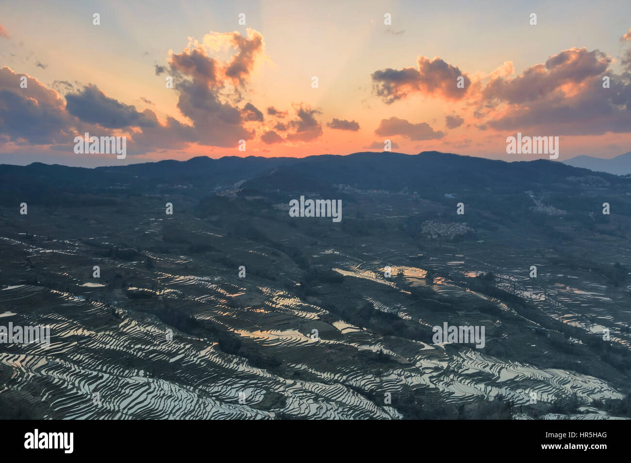 Sunset over YuanYang rice terraces in Yunnan, China, one of the latest ...