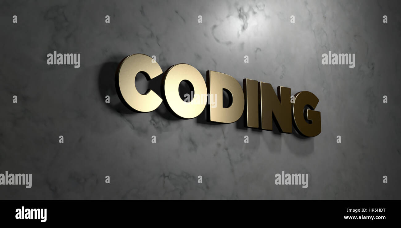 Coding - Gold sign mounted on glossy marble wall - 3D rendered royalty ...