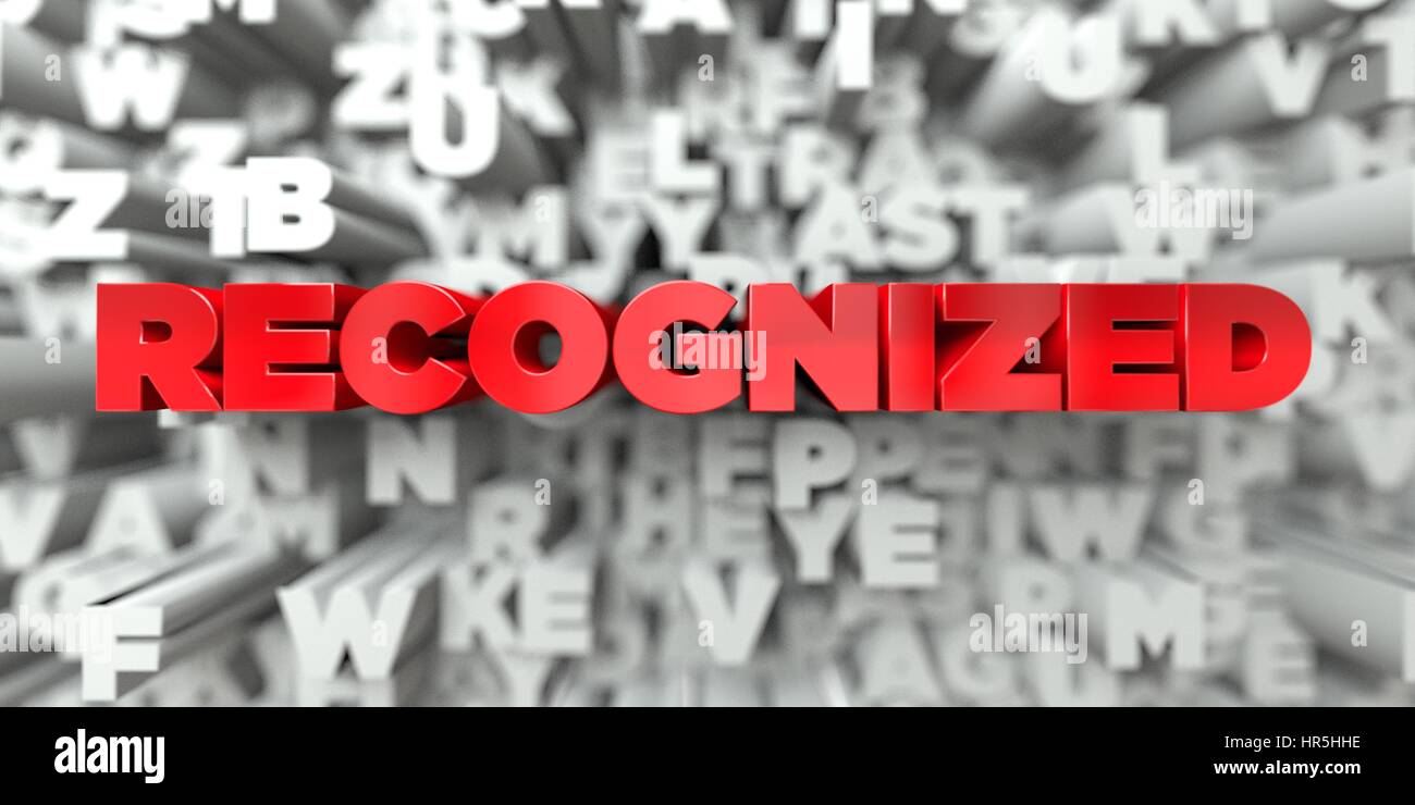 RECOGNIZED - Red text on typography background - 3D rendered royalty ...