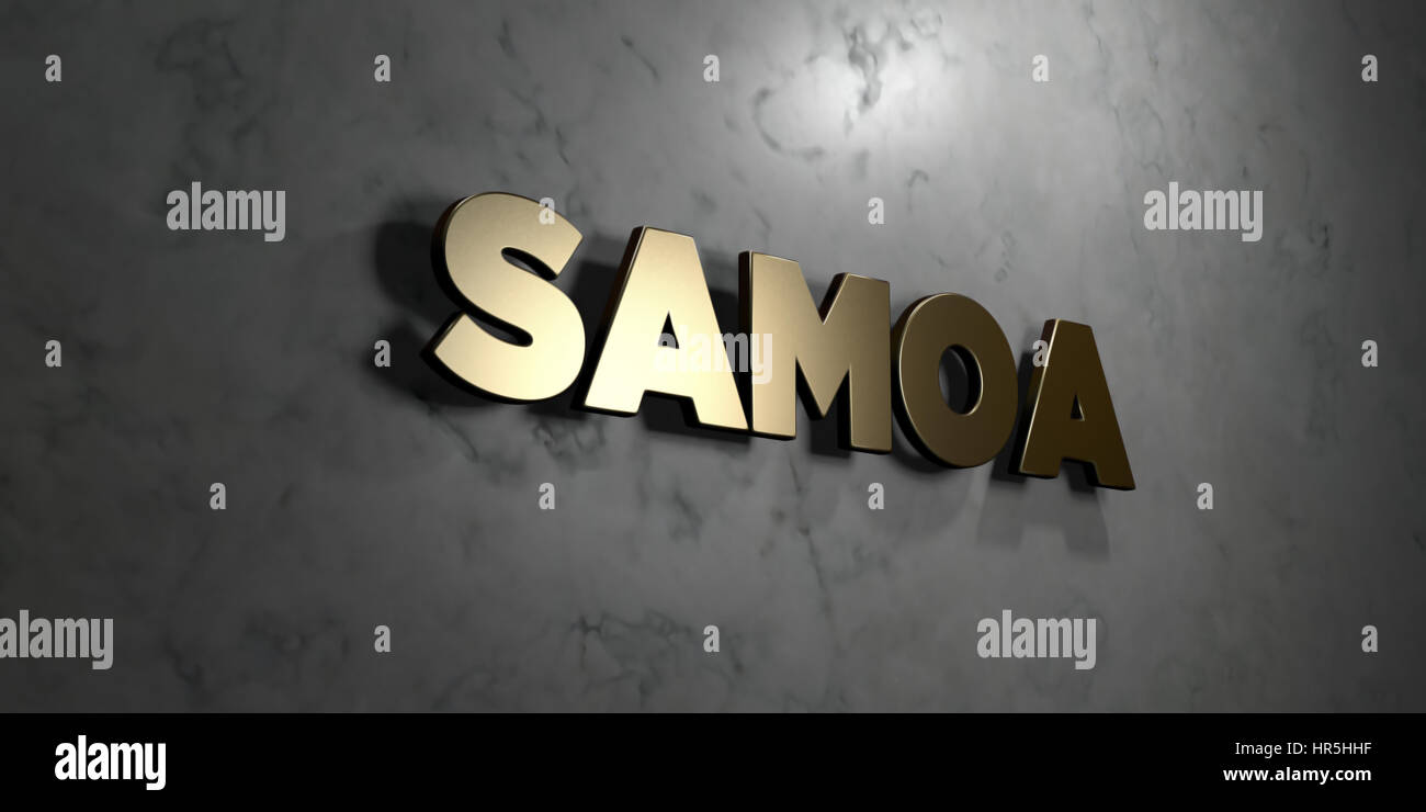 Samoa - Gold sign mounted on glossy marble wall - 3D rendered royalty ...