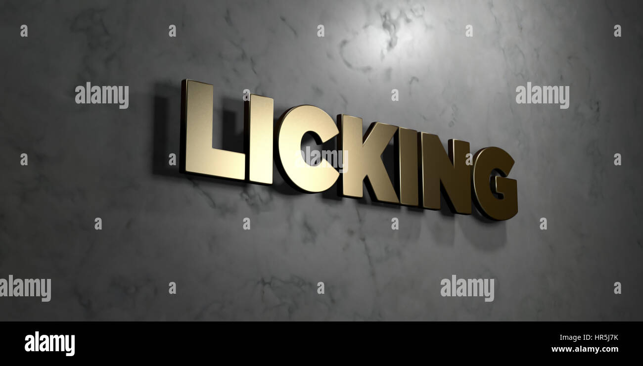 Licking - Gold sign mounted on glossy marble wall - 3D rendered royalty ...