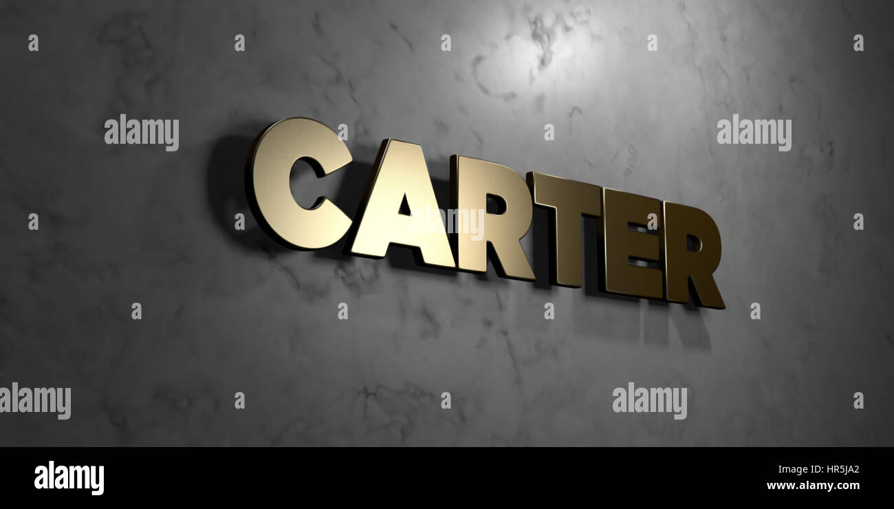 Carter - Gold sign mounted on glossy marble wall - 3D rendered royalty ...