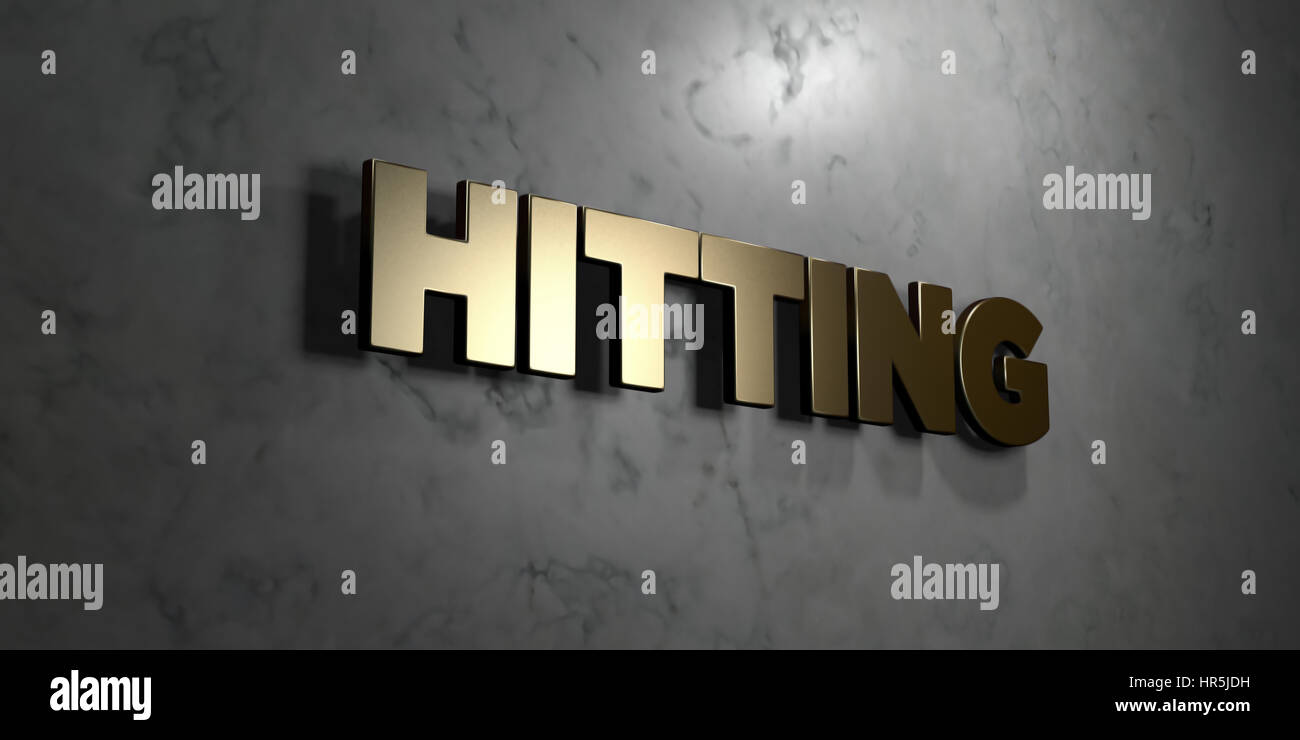 Hitting - Gold sign mounted on glossy marble wall - 3D rendered royalty ...